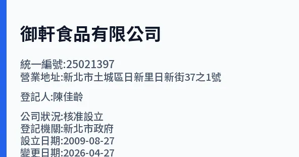 御軒食品有限公司的照片-統編 25021397(新北市) 公司登記資料與營業項目詳細圖表