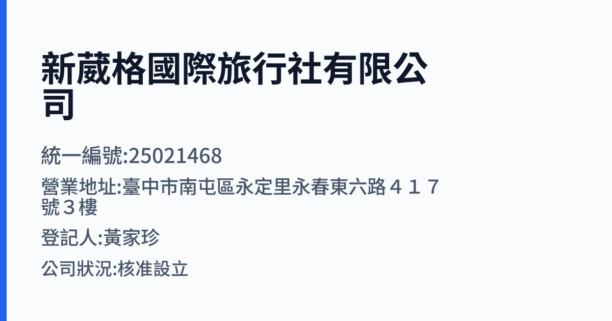 新葳格國際旅行社有限公司 - 統編 25021468(臺中市) 公司登記資料與營業項目詳細圖表