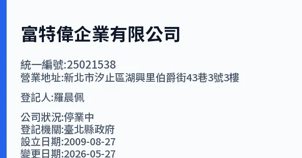 富特偉企業有限公司的照片-統編 25021538(新北市) 公司登記資料與營業項目詳細圖表