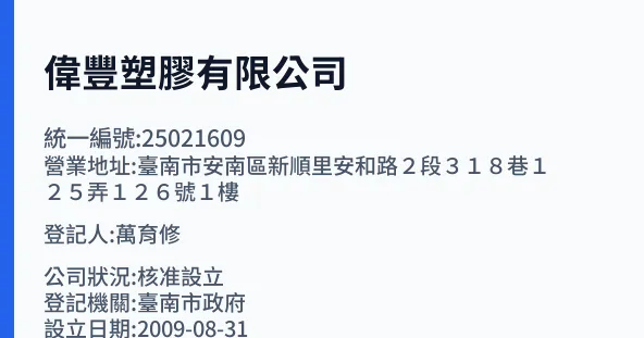 偉豐塑膠有限公司的照片-統編 25021609(臺南市) 公司登記資料與營業項目詳細圖表