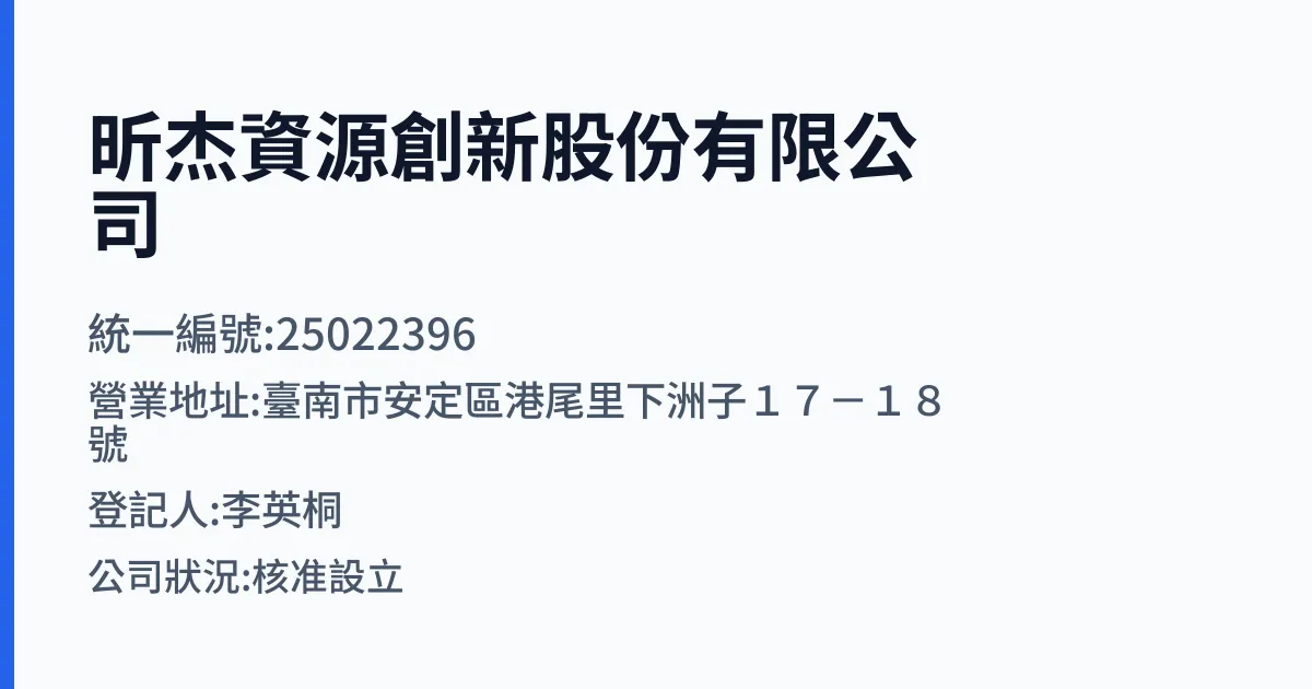 昕杰資源創新股份有限公司 - 統編 25022396(臺南市) 公司登記資料與營業項目詳細圖表