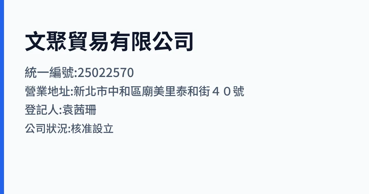 文聚貿易有限公司 - 統編 25022570(新北市) 公司登記資料與營業項目詳細圖表