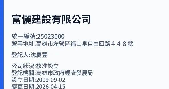 富儷建設有限公司的照片-統編 25023000(高雄市) 公司登記資料與營業項目詳細圖表