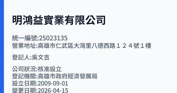 明鴻益實業有限公司的照片-統編 25023135(高雄市) 公司登記資料與營業項目詳細圖表
