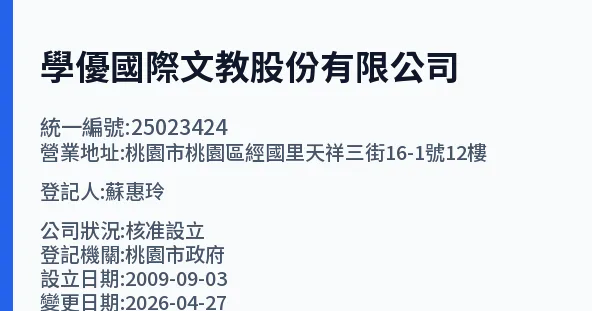 學優國際文教股份有限公司的照片-統編 25023424(桃園市) 公司登記資料與營業項目詳細圖表