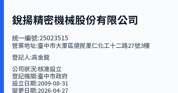 銳揚精密機械股份有限公司的照片-統編 25023515(臺中市) 公司登記資料與營業項目詳細圖表