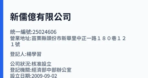 新儒億有限公司的照片-統編 25024606(苗栗縣) 公司登記資料與營業項目詳細圖表