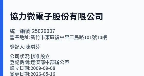 協力微電子股份有限公司的照片-統編 25026007(新竹市) 公司登記資料與營業項目詳細圖表