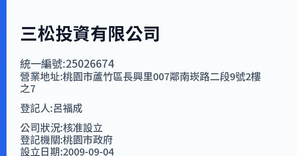 三松投資有限公司的照片-統編 25026674(桃園市) 公司登記資料與營業項目詳細圖表