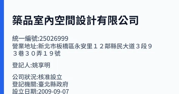 築品室內空間設計有限公司的照片-統編 25026999(新北市) 公司登記資料與營業項目詳細圖表