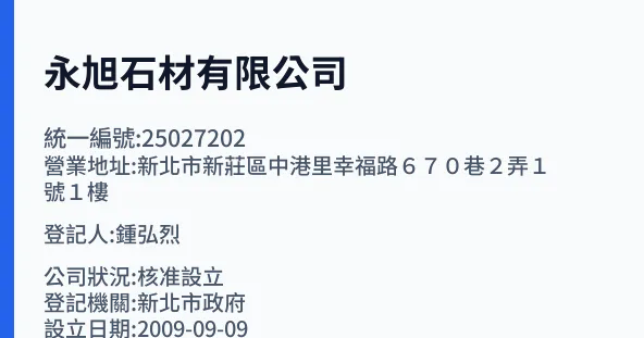 永旭石材有限公司的照片-統編 25027202(新北市) 公司登記資料與營業項目詳細圖表