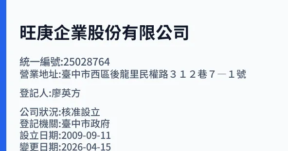 旺庚企業股份有限公司的照片-統編 25028764(臺中市) 公司登記資料與營業項目詳細圖表