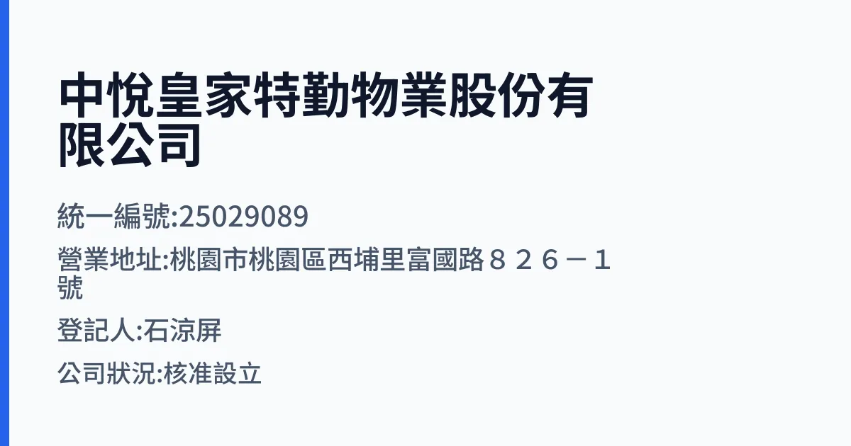 中悅皇家特勤物業股份有限公司 - 統編 25029089(桃園市) 公司登記資料與營業項目詳細圖表