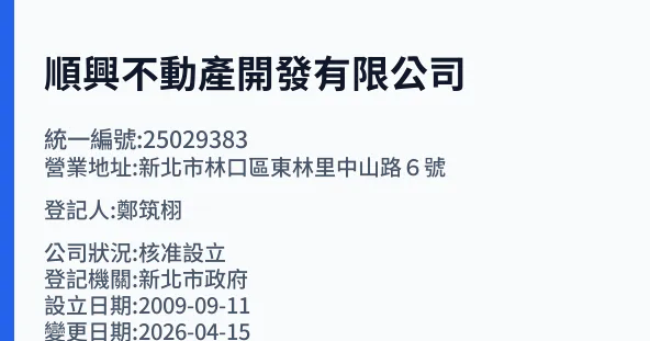 順興不動產開發有限公司的照片-統編 25029383(新北市) 公司登記資料與營業項目詳細圖表