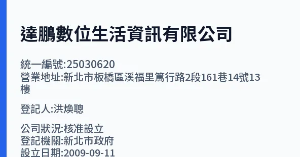 達鵬數位生活資訊有限公司的照片-統編 25030620(新北市) 公司登記資料與營業項目詳細圖表