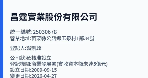 昌霆實業股份有限公司的照片-統編 25030678(苗栗縣) 公司登記資料與營業項目詳細圖表