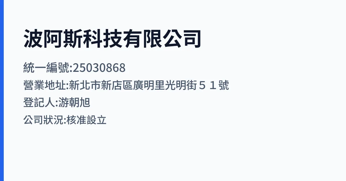 波阿斯科技有限公司 - 統編 25030868(新北市) 公司登記資料與營業項目詳細圖表