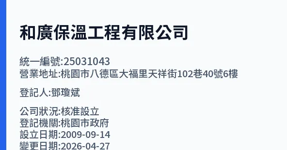 和廣保溫工程有限公司的照片-統編 25031043(桃園市) 公司登記資料與營業項目詳細圖表