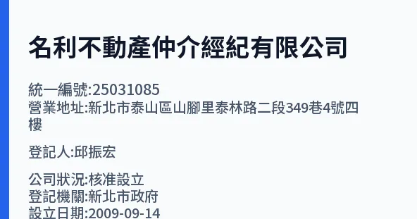 名利不動產仲介經紀有限公司的照片-統編 25031085(新北市) 公司登記資料與營業項目詳細圖表