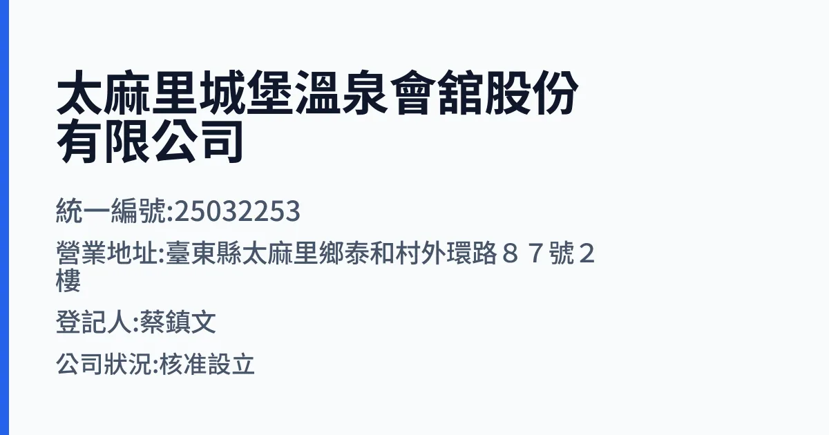 太麻里城堡溫泉會舘股份有限公司 - 統編 25032253(臺東縣) 公司登記資料與營業項目詳細圖表