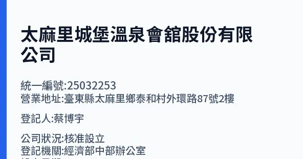 太麻里城堡溫泉會舘股份有限公司的照片-統編 25032253(臺東縣) 公司登記資料與營業項目詳細圖表