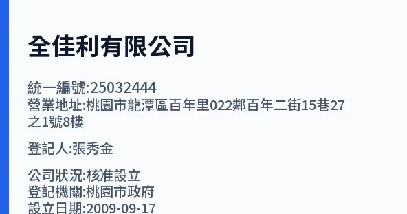 全佳利有限公司的照片-統編 25032444(桃園市) 公司登記資料與營業項目詳細圖表