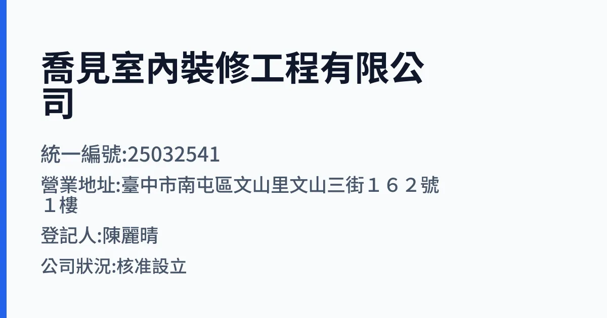 喬見室內裝修工程有限公司 - 統編 25032541(臺中市) 公司登記資料與營業項目詳細圖表