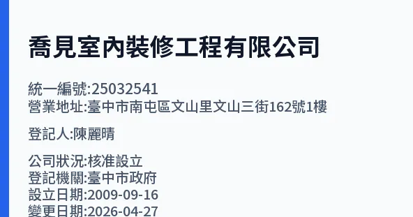 喬見室內裝修工程有限公司的照片-統編 25032541(臺中市) 公司登記資料與營業項目詳細圖表