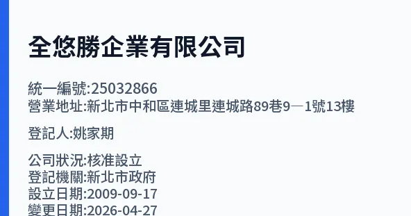 全悠勝企業有限公司的照片-統編 25032866(新北市) 公司登記資料與營業項目詳細圖表