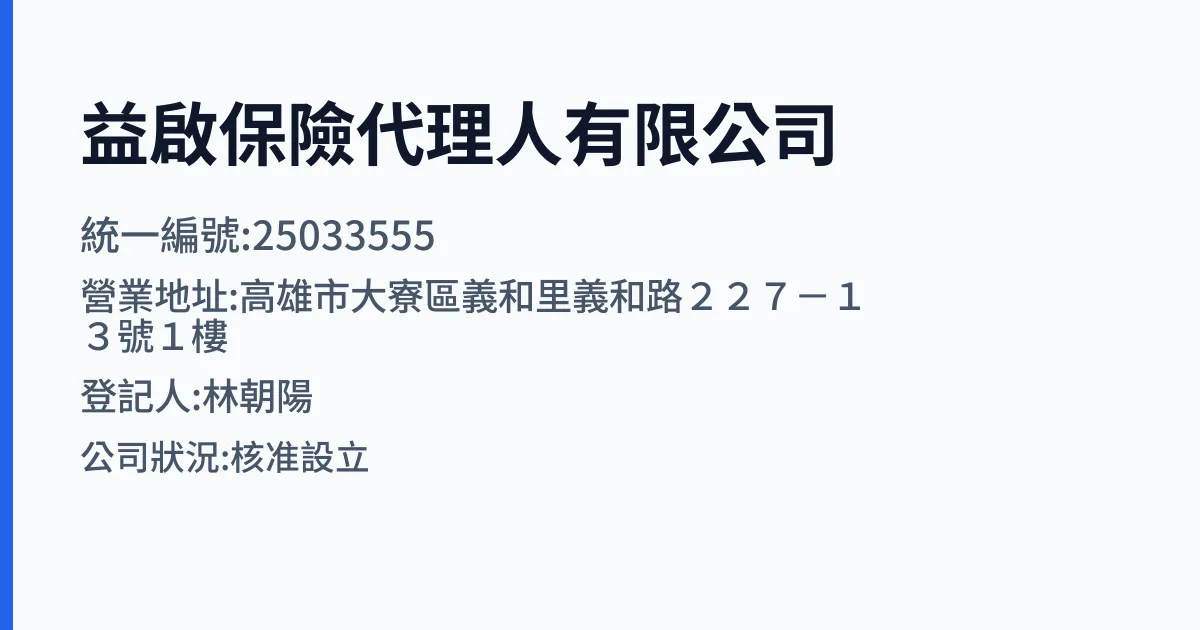 益啟保險代理人有限公司 - 統編 25033555(高雄市) 公司登記資料與營業項目詳細圖表