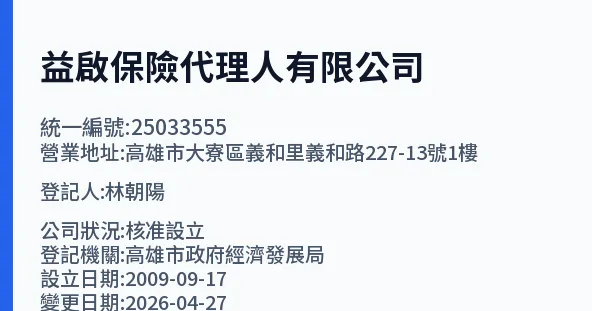 益啟保險代理人有限公司的照片-統編 25033555(高雄市) 公司登記資料與營業項目詳細圖表