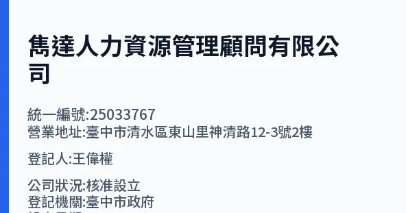 雋達人力資源管理顧問有限公司的照片-統編 25033767(臺中市) 公司登記資料與營業項目詳細圖表
