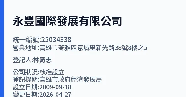 永豐國際發展有限公司的照片-統編 25034338(高雄市) 公司登記資料與營業項目詳細圖表