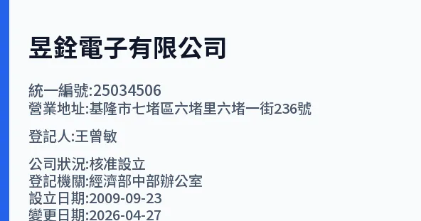 昱銓電子有限公司的照片-統編 25034506(基隆市) 公司登記資料與營業項目詳細圖表
