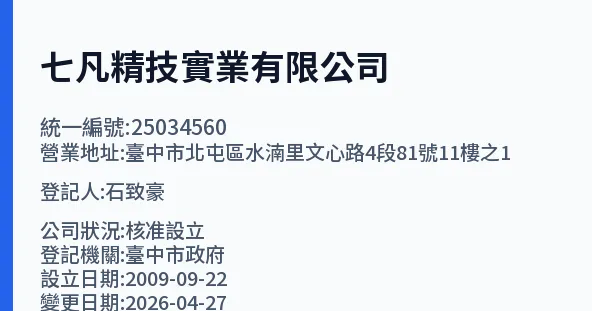 七凡精技實業有限公司的照片-統編 25034560(臺中市) 公司登記資料與營業項目詳細圖表