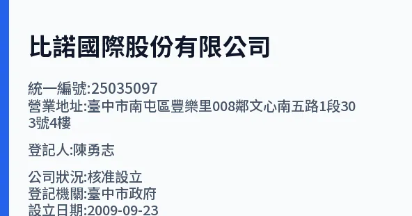 比諾國際股份有限公司的照片-統編 25035097(臺中市) 公司登記資料與營業項目詳細圖表