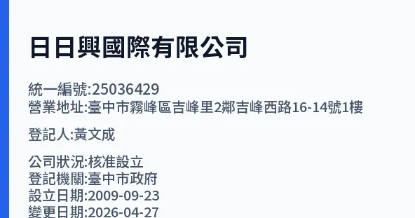 日日興國際有限公司的照片-統編 25036429(臺中市) 公司登記資料與營業項目詳細圖表