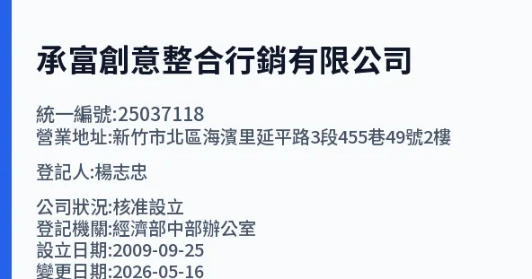 承富創意整合行銷有限公司的照片-統編 25037118(新竹市) 公司登記資料與營業項目詳細圖表