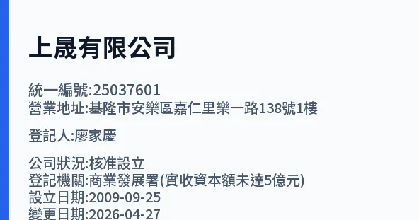 上晟有限公司的照片-統編 25037601(基隆市) 公司登記資料與營業項目詳細圖表