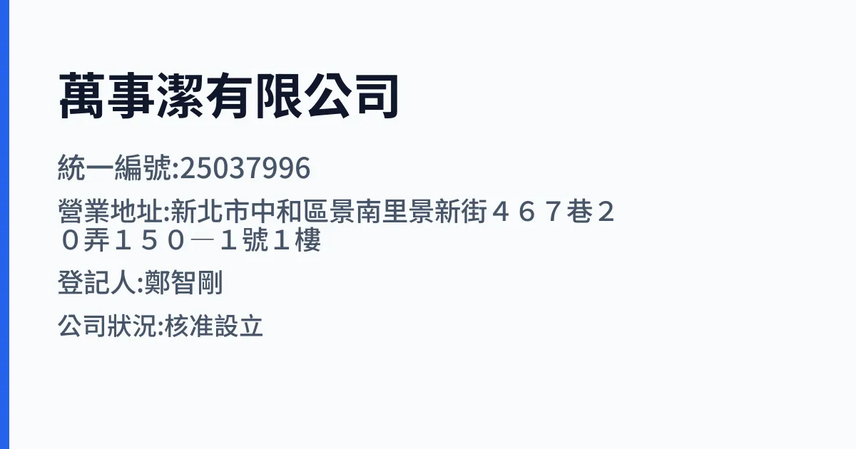 萬事潔有限公司 - 統編 25037996(新北市) 公司登記資料與營業項目詳細圖表