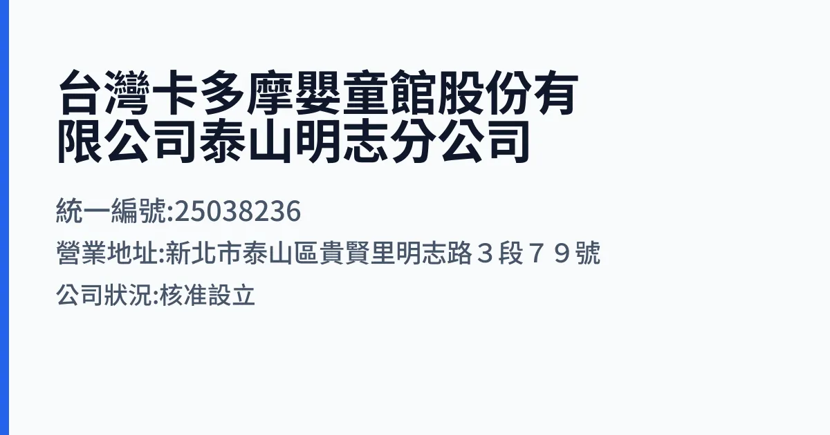 台灣卡多摩嬰童館股份有限公司泰山明志分公司 - 統編 25038236(新北市) 公司登記資料與營業項目詳細圖表