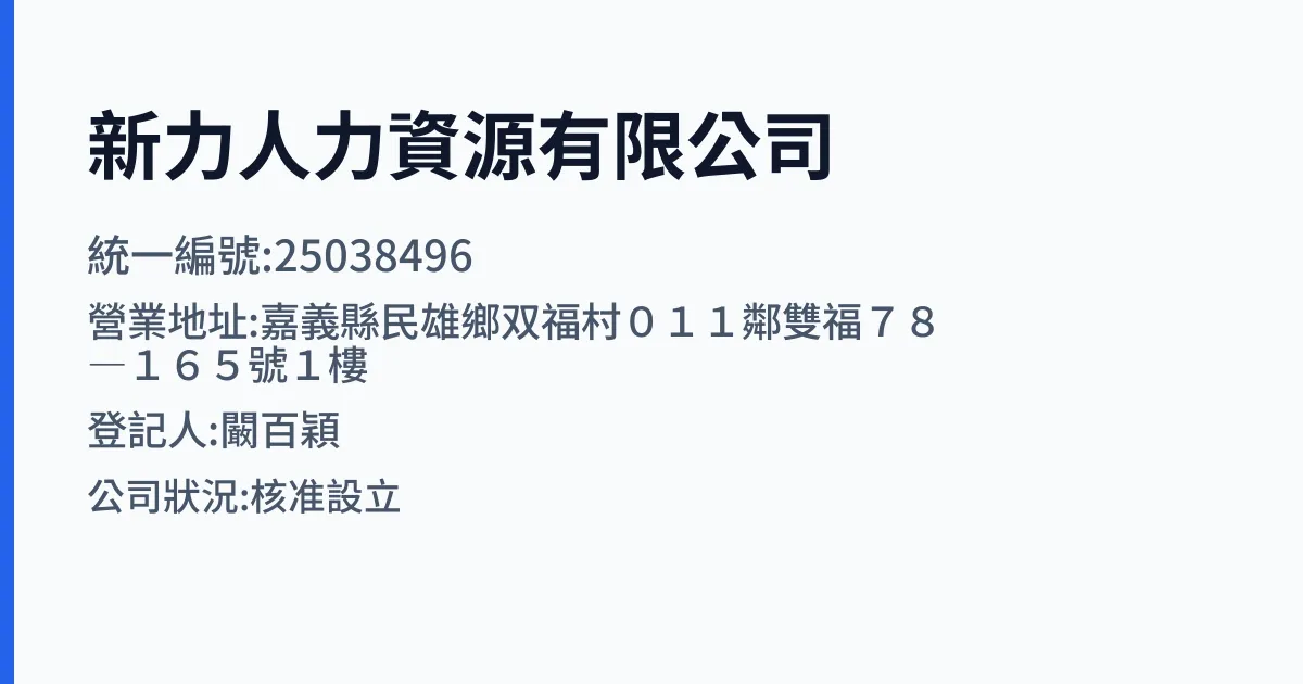 新力人力資源有限公司 - 統編 25038496(嘉義縣) 公司登記資料與營業項目詳細圖表
