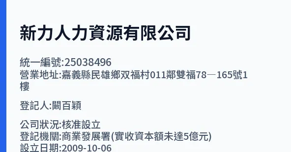 新力人力資源有限公司的照片-統編 25038496(嘉義縣) 公司登記資料與營業項目詳細圖表