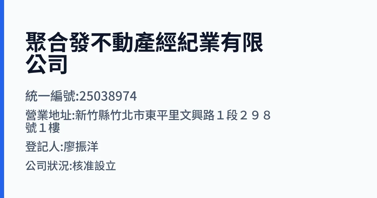聚合發不動產經紀業有限公司 - 統編 25038974(新竹縣) 公司登記資料與營業項目詳細圖表