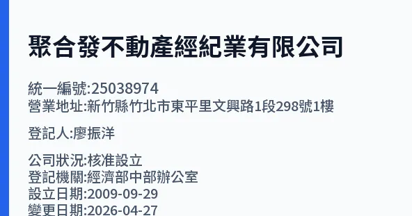 聚合發不動產經紀業有限公司的照片-統編 25038974(新竹縣) 公司登記資料與營業項目詳細圖表