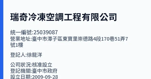 瑞奇冷凍空調工程有限公司的照片-統編 25039087(臺中市) 公司登記資料與營業項目詳細圖表