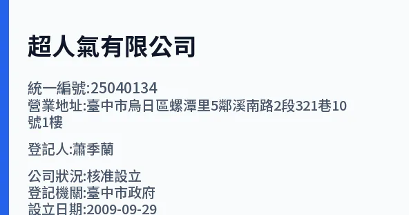 超人氣有限公司的照片-統編 25040134(臺中市) 公司登記資料與營業項目詳細圖表