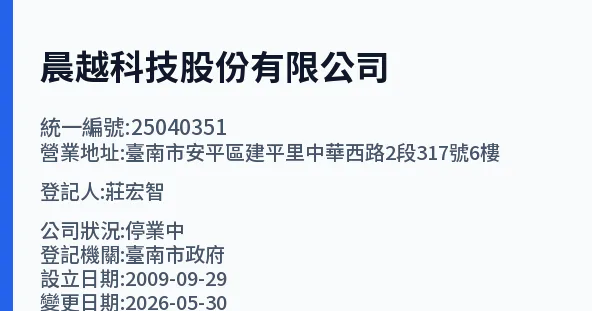 晨越科技股份有限公司的照片-統編 25040351(臺南市) 公司登記資料與營業項目詳細圖表