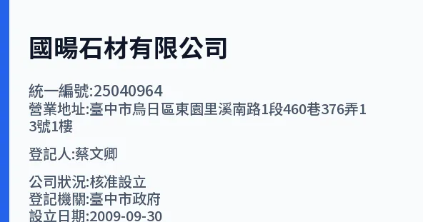 國暘石材有限公司的照片-統編 25040964(臺中市) 公司登記資料與營業項目詳細圖表