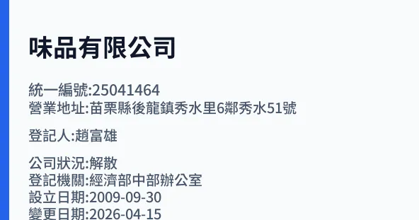 味品有限公司的照片-統編 25041464(苗栗縣) 公司登記資料與營業項目詳細圖表